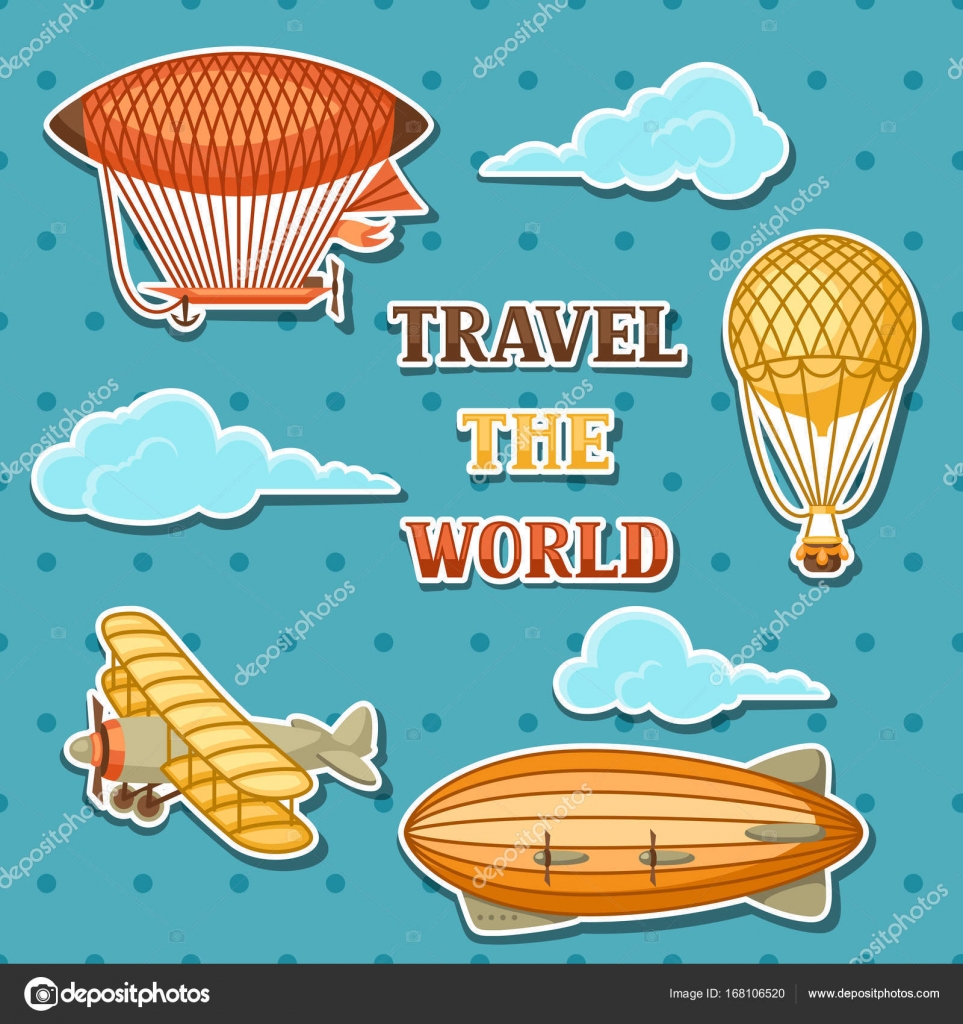 Set of retro air transport. Vintage aerostat airship, blimp and plain ...