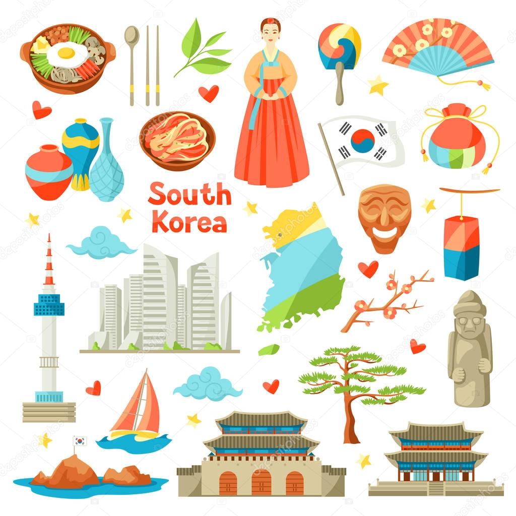Juego de iconos de Corea del Sur. Símbolos y objetos tradicionales ...