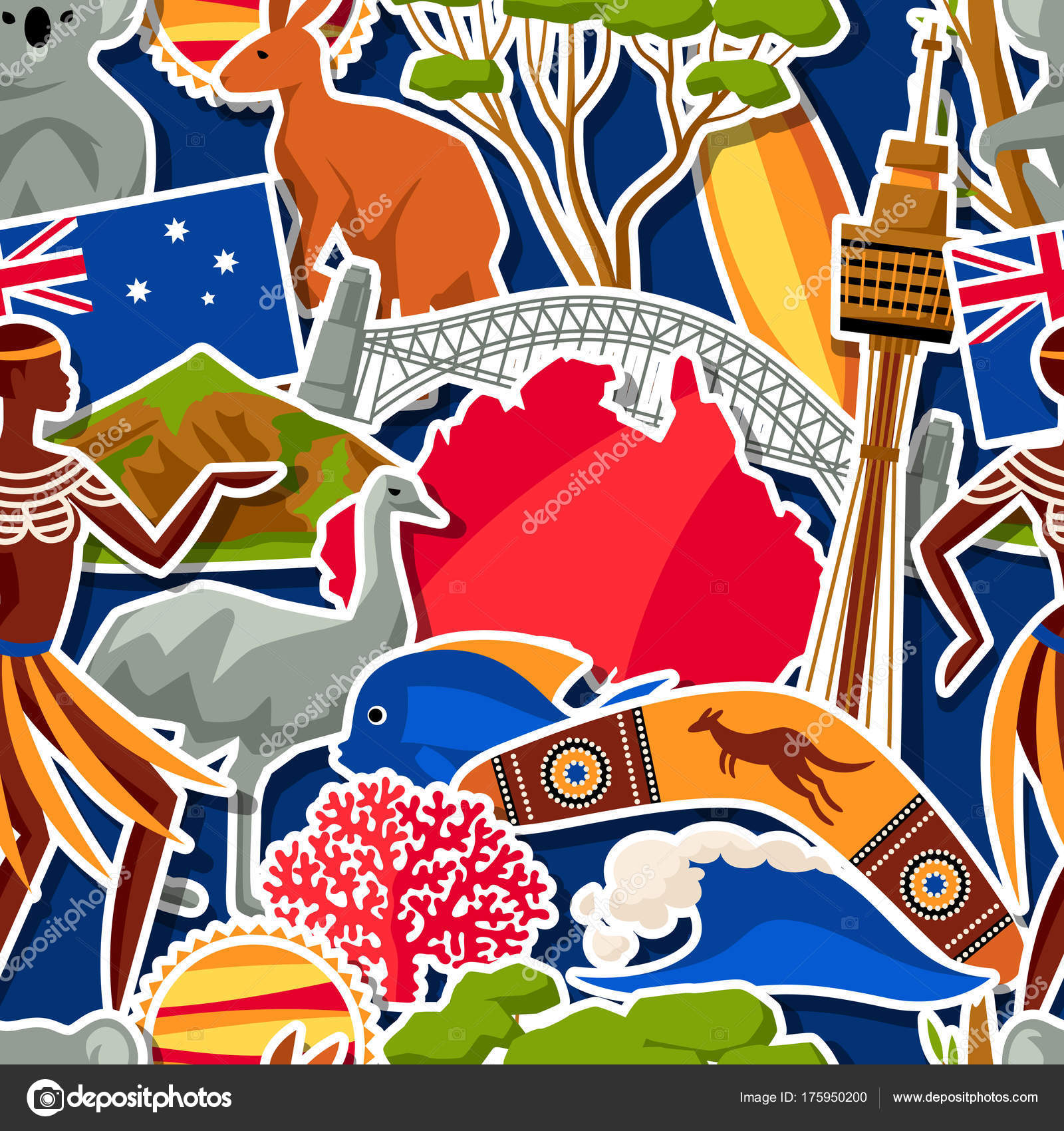 Australia seamless pattern. Australian traditional sticker symbols and ...