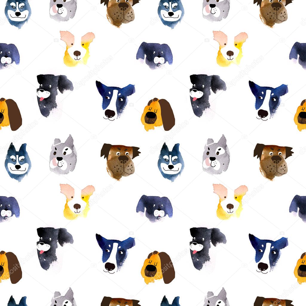 Un patrón de lindos perros acuarela sobre un fondo blanco. 2023