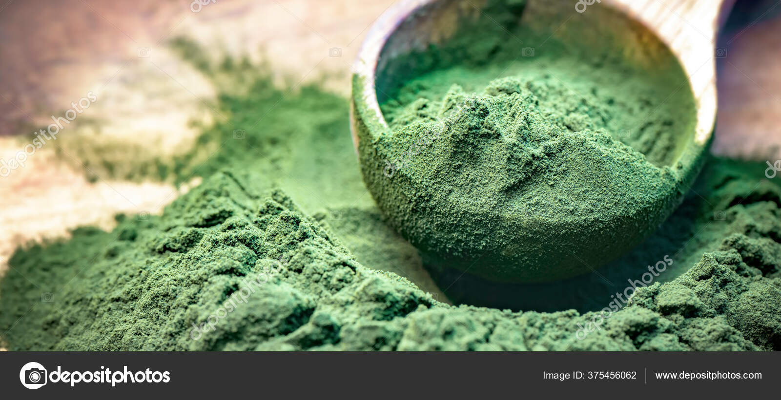 Green Algae Powder Chlorella Spirulina Wooden Spoon Wooden Background ...
