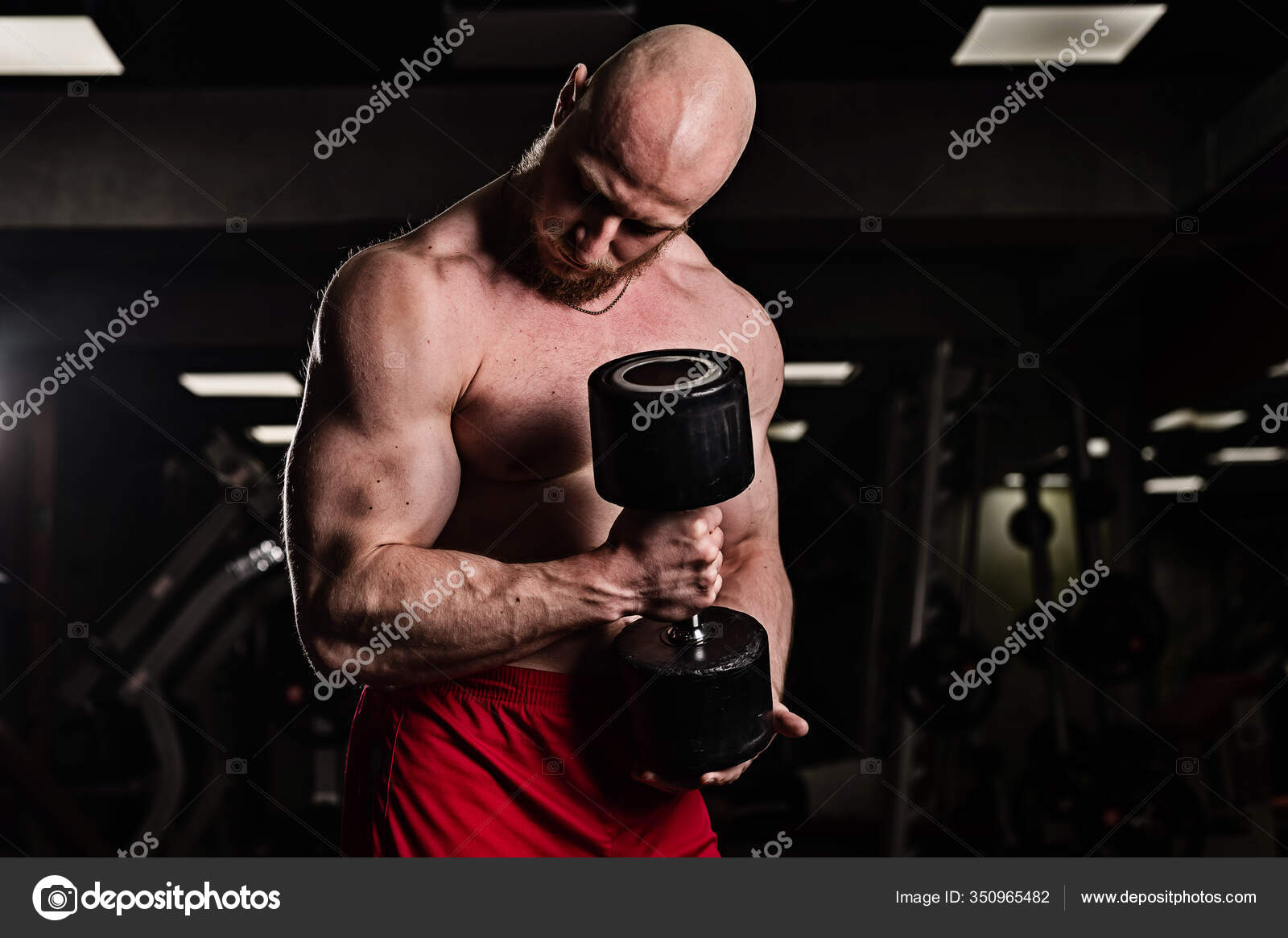 Skjorteløs flot mand gør biceps og triceps øvelser med håndvægt. Præget ...