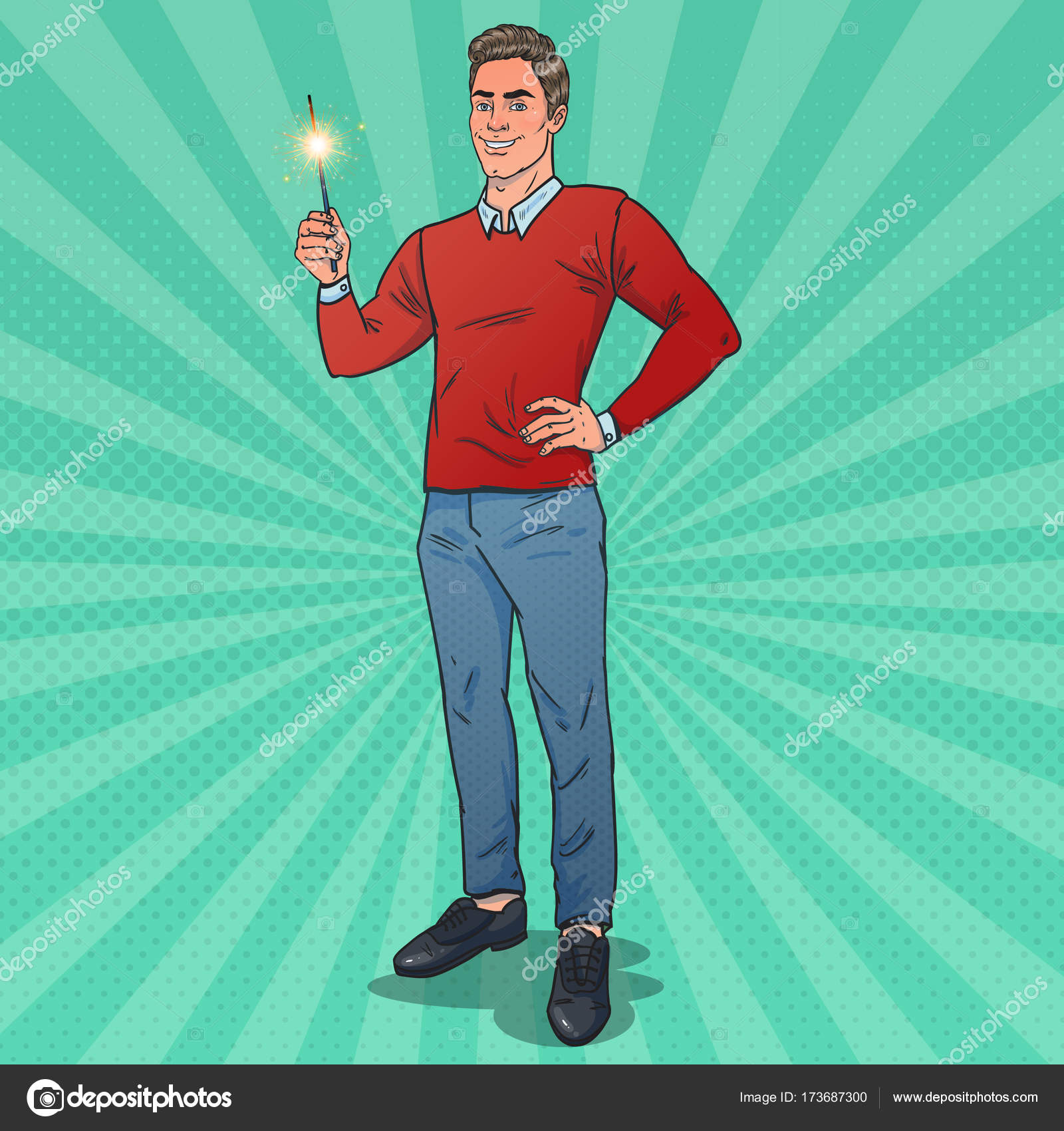 Man Holding Bengal Fire Hand Looks Smiling Vector Illustration Pop ...