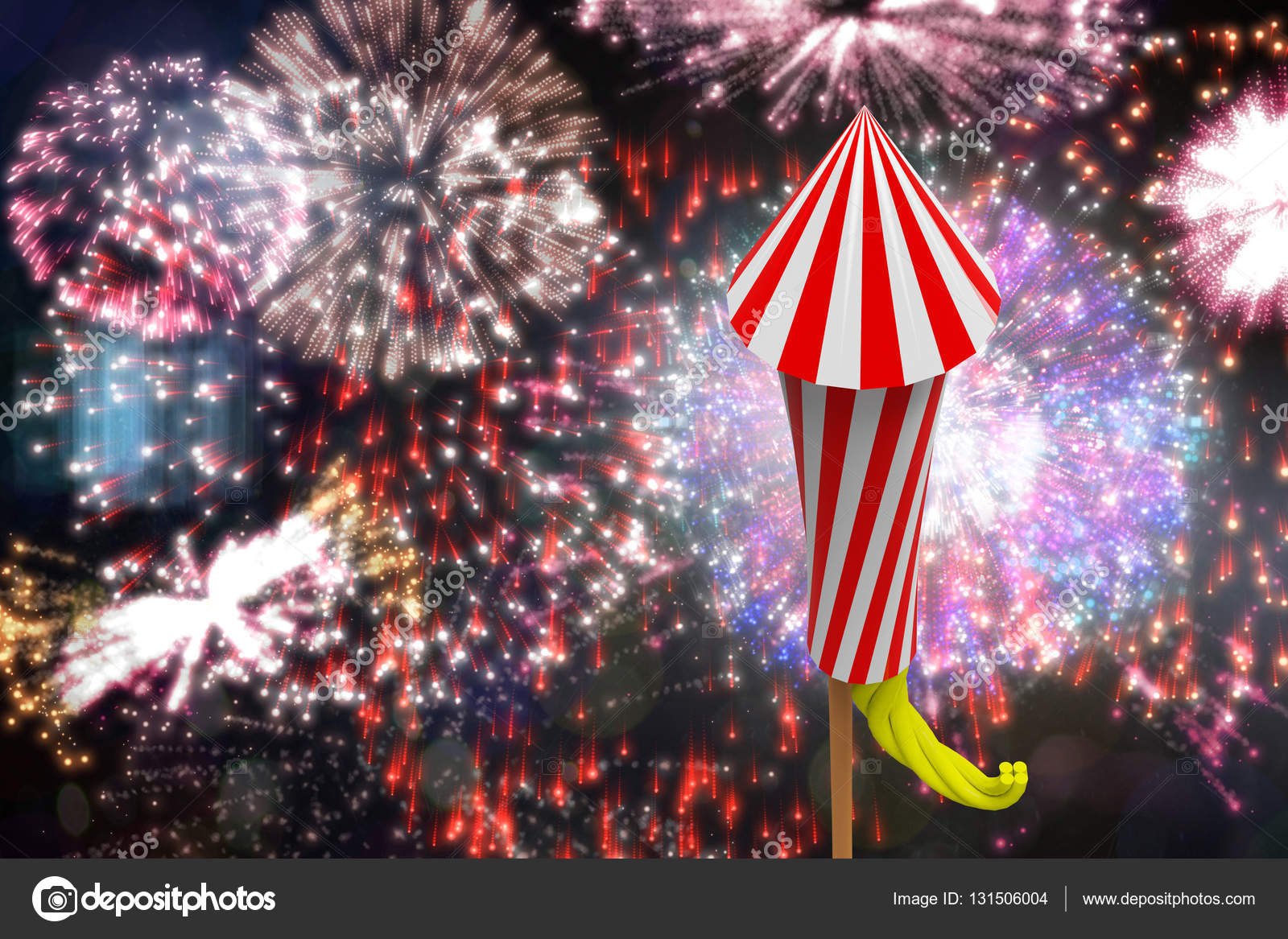 Rocket for fireworks against colourful fireworks — Stock Photo ...