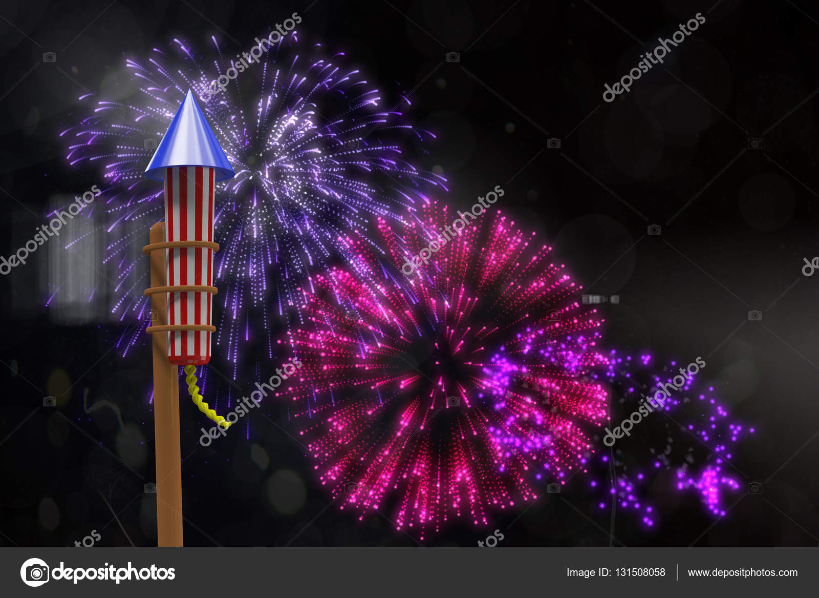 Rocket for fireworks against colourful fireworks — Stock Photo ...
