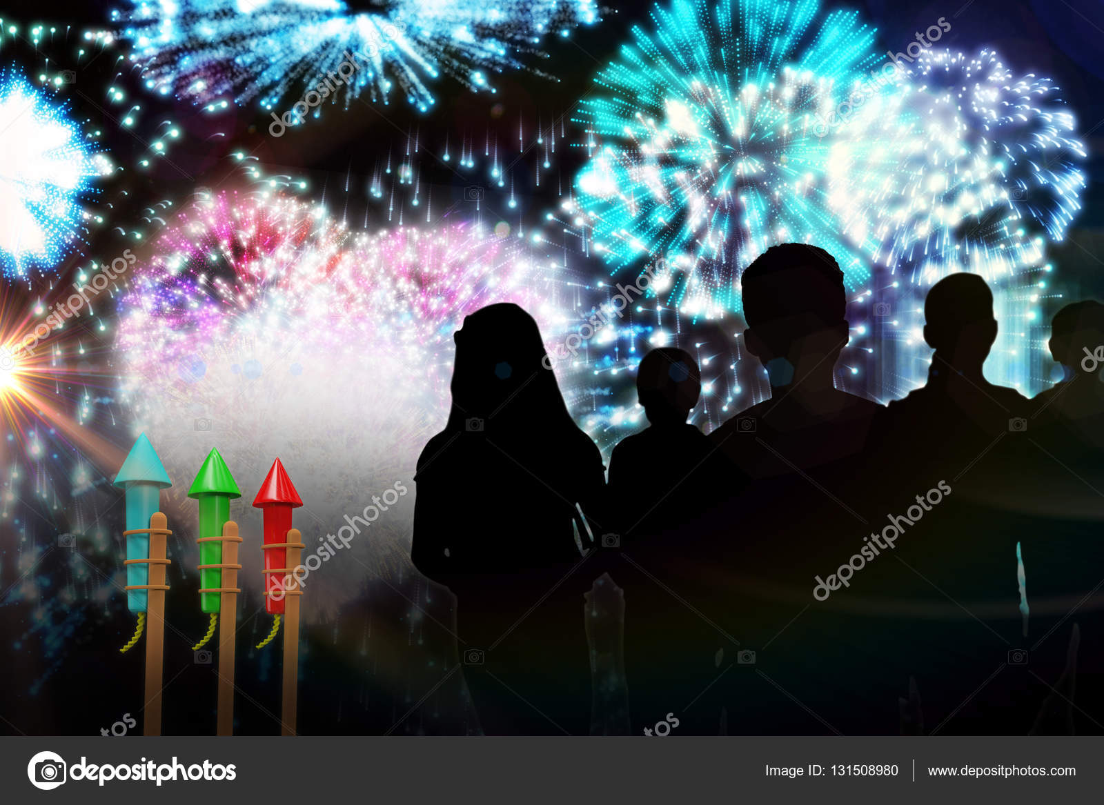 Silhouette children against colourful fireworks Stock Photo by ...
