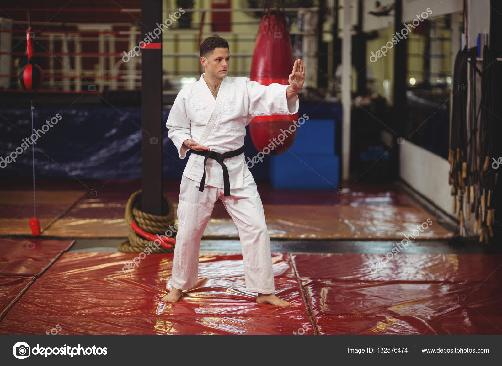Jugador de karate realizando postura de karate: fotografía de stock ...