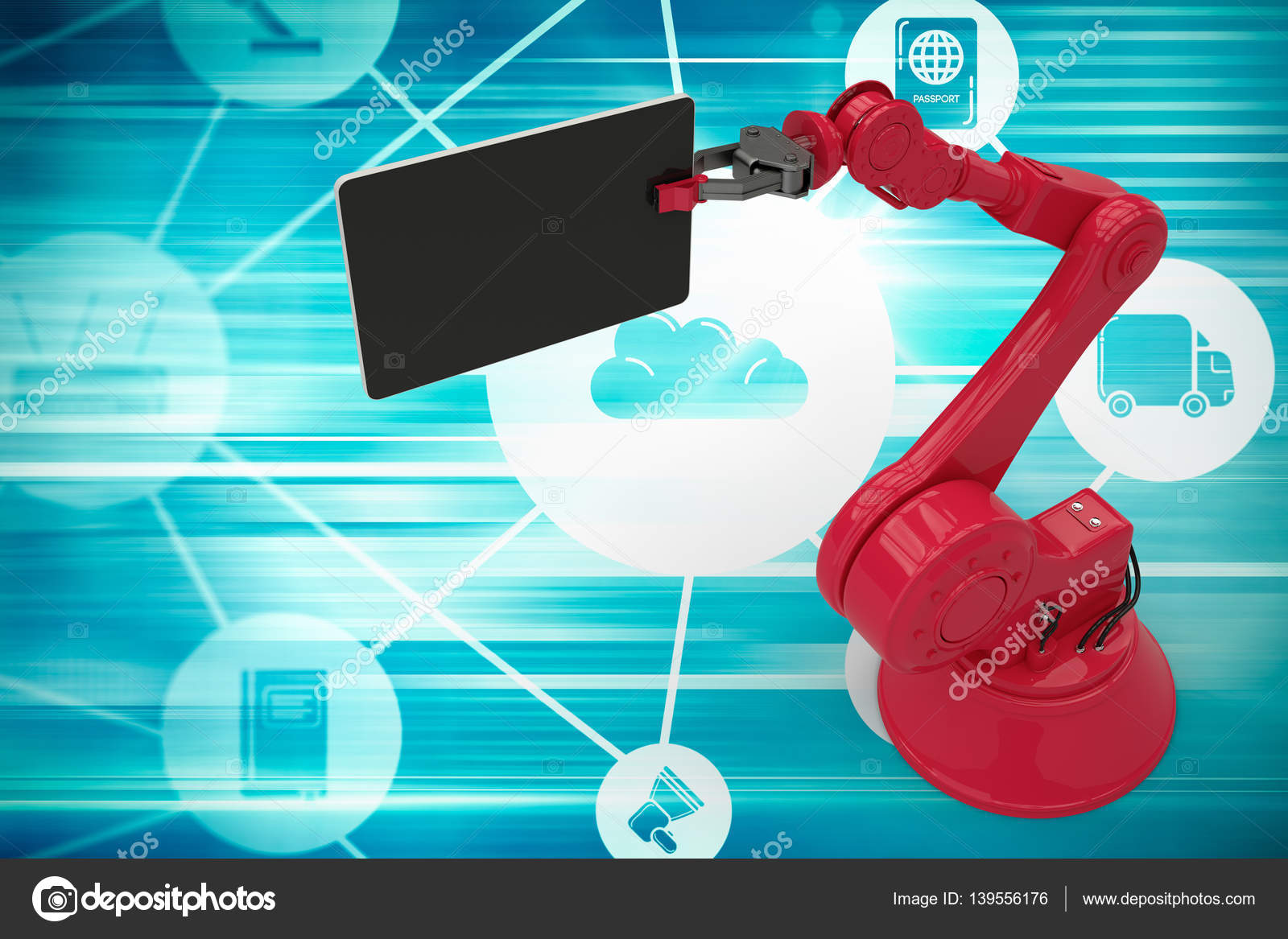 Robot holding computer tablet Stock Photo by ©Wavebreakmedia 139556176