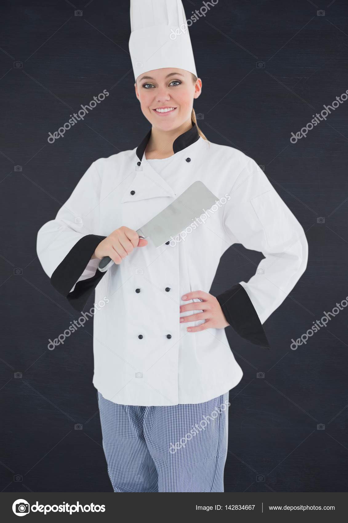Chef with knife against navy background Stock Photo by ©Wavebreakmedia ...