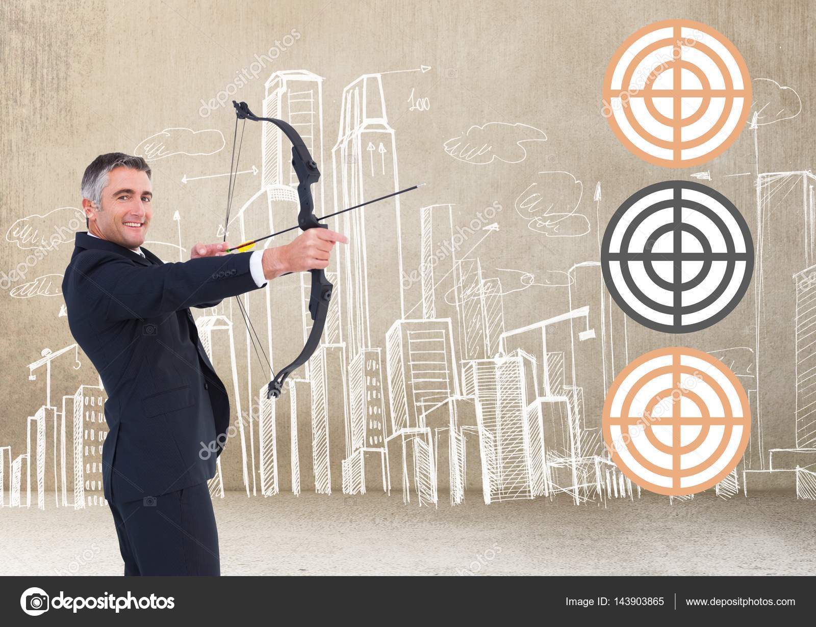 Businessman aiming target with bow and arrow — Stock Photo ...