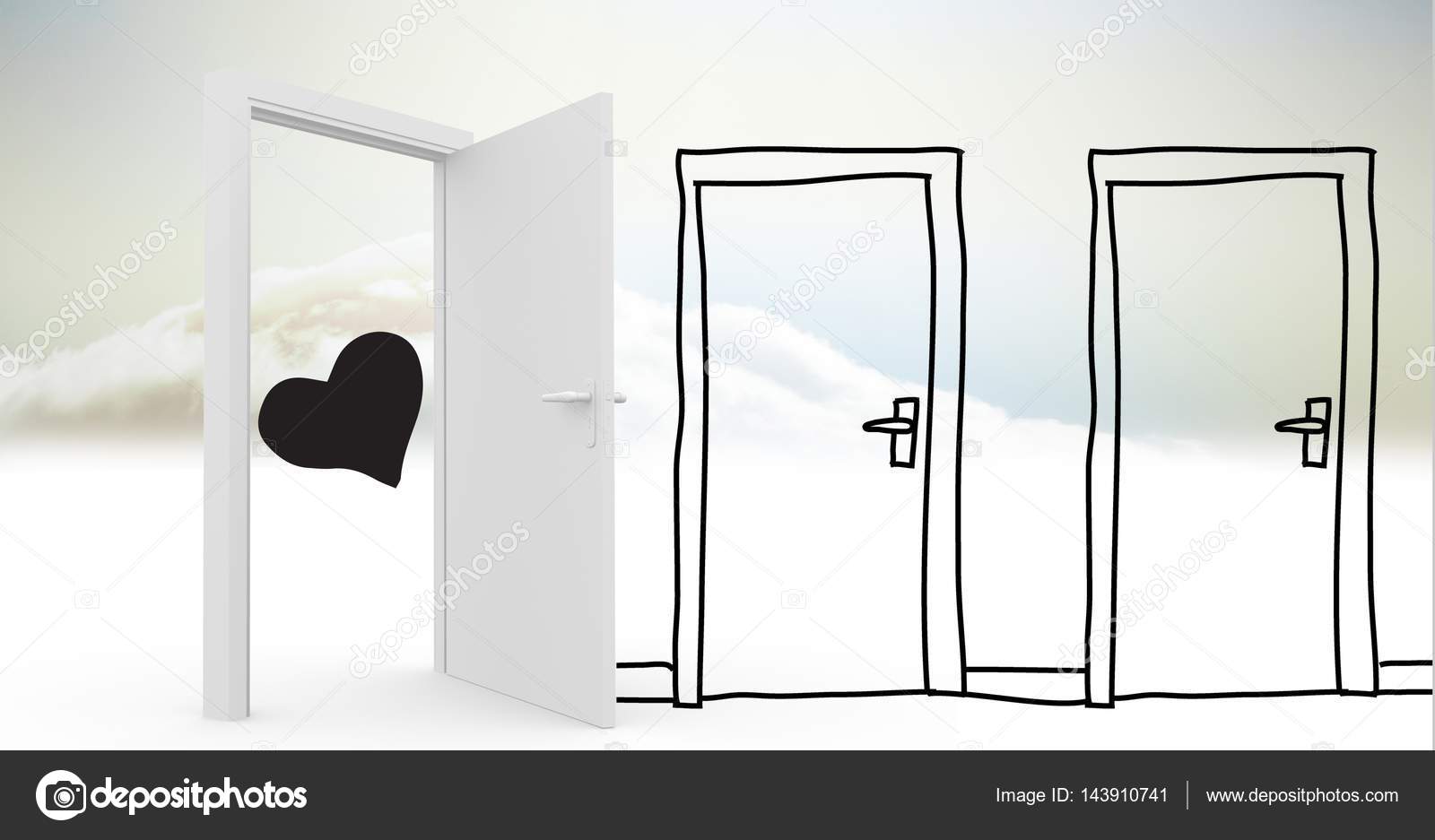 Open door with black heart shape and drawn doors — Stock Photo ...