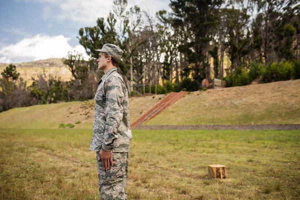Military soldier standing at attention posture — Stock Photo ...