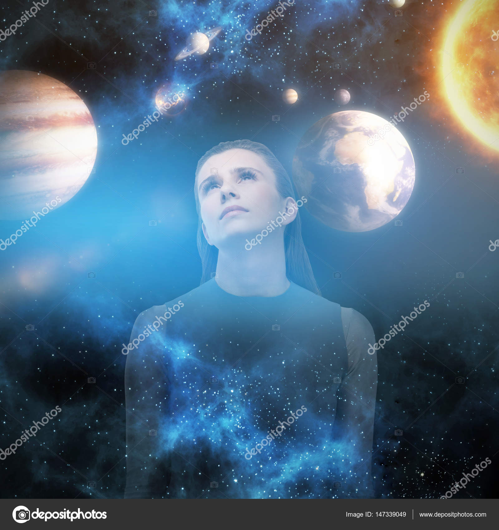 Composite image of sad woman looking up 3d — Stock Photo ...