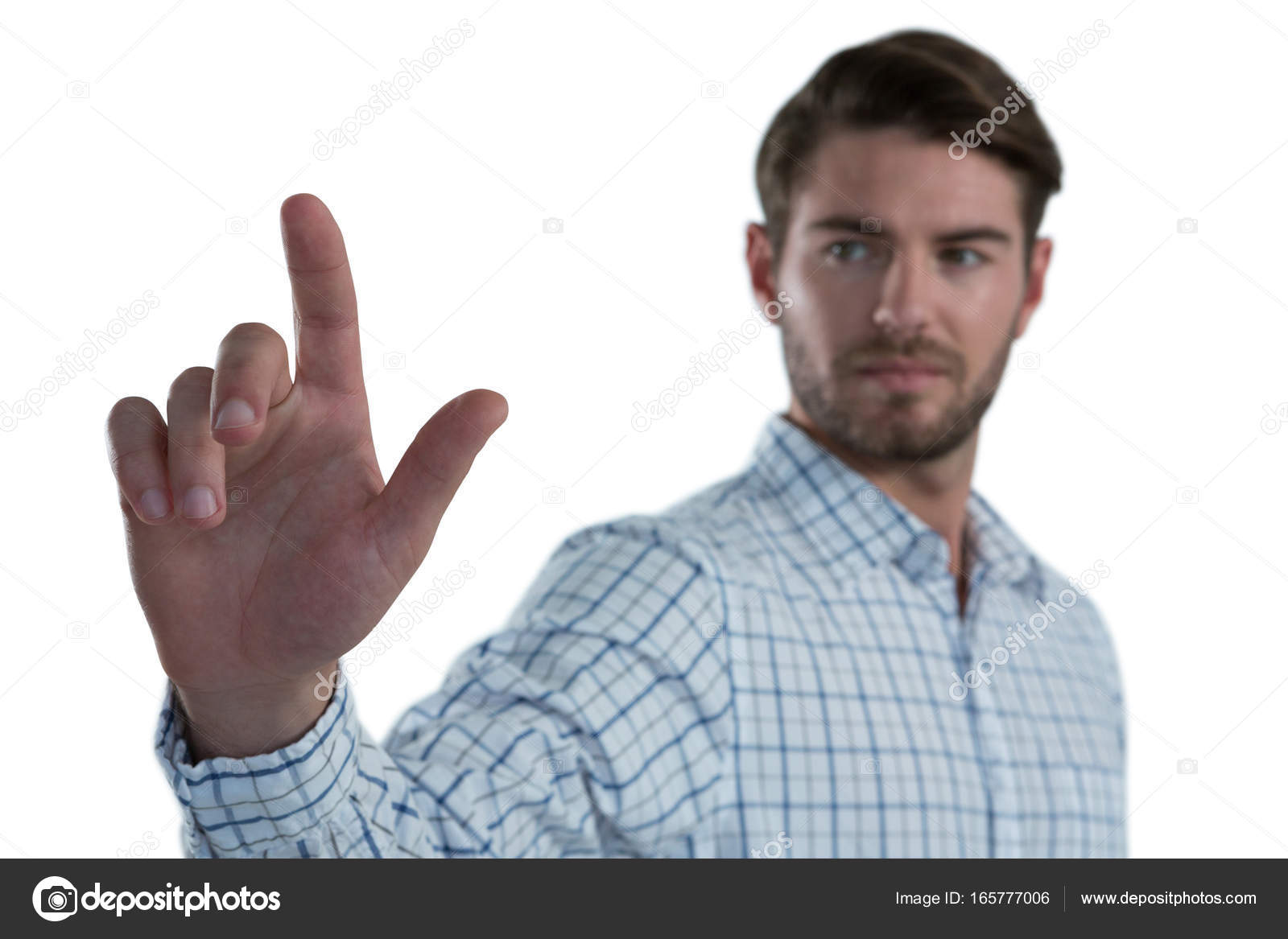 Man pretending to touch an invisible screen Stock Photo by ...