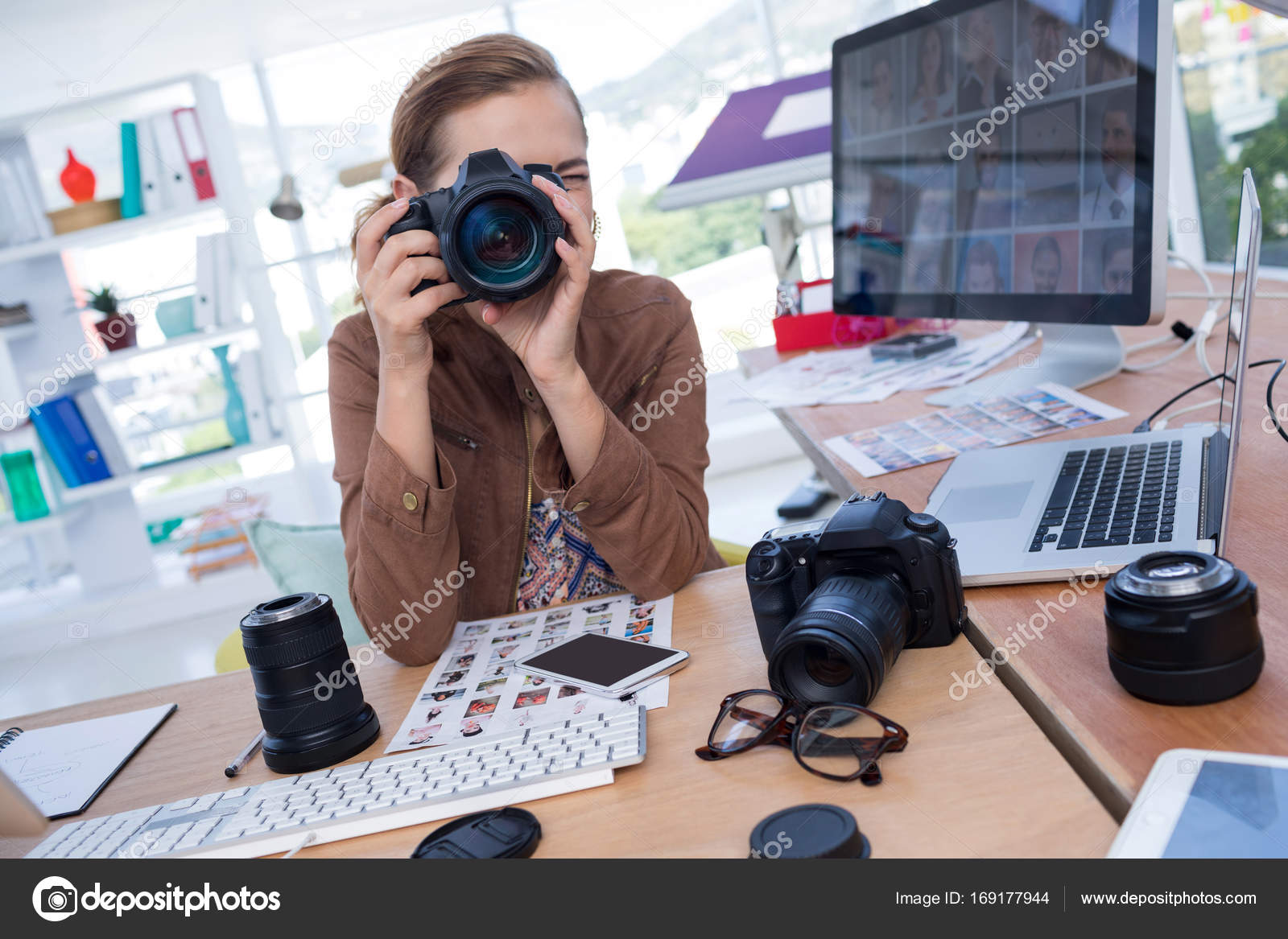 Female Executive Taking Photograph Digital Camera Office — Stock Photo ...