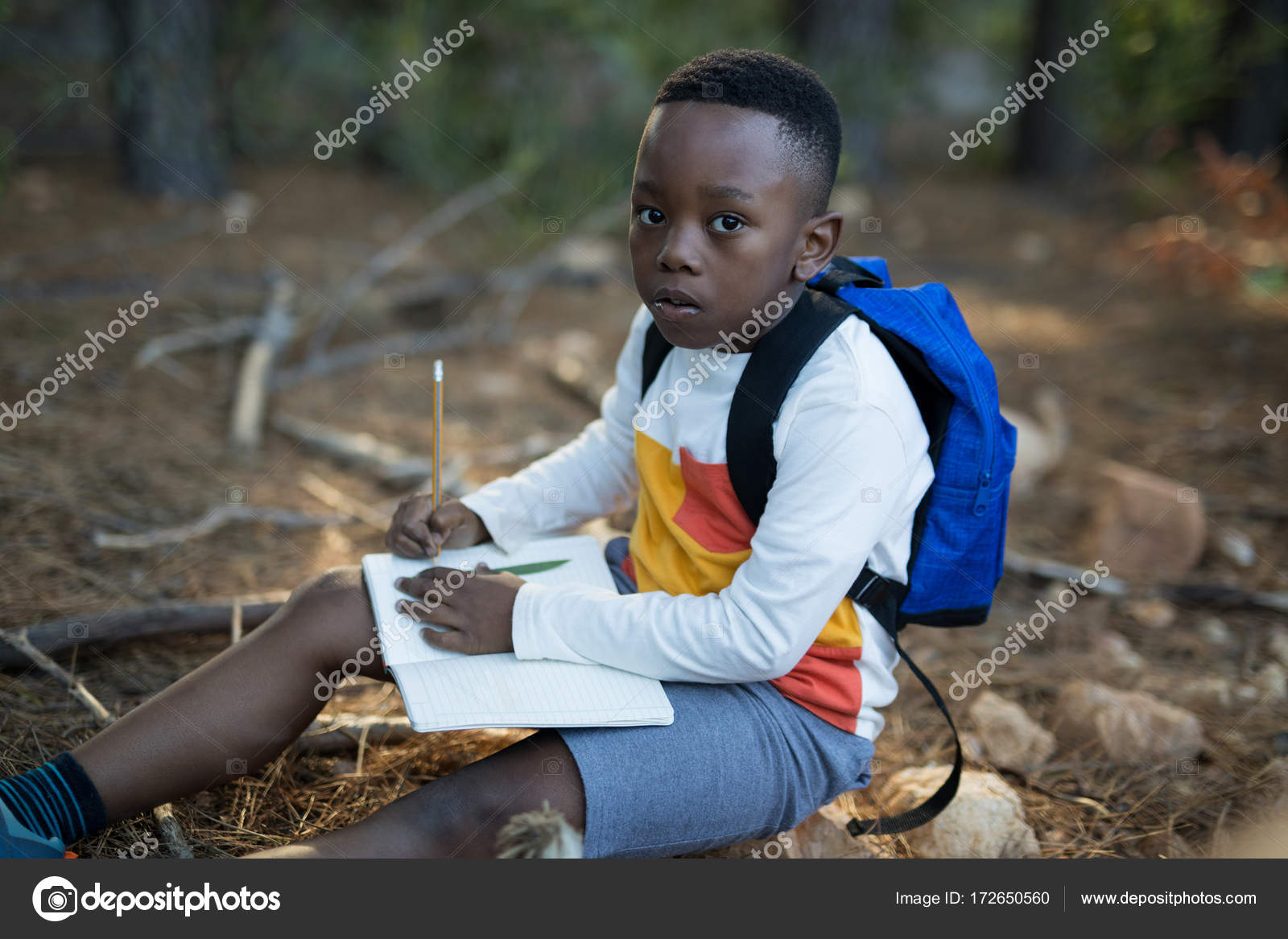Boy studying in forest Stock Photo by ©Wavebreakmedia 172650560