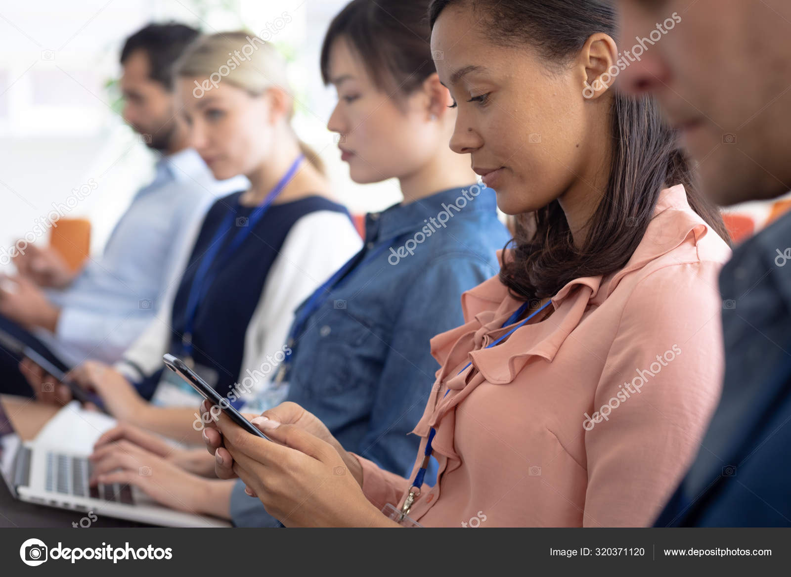 Side View Diverse Group Business Creatives Sitting Row Audience ...