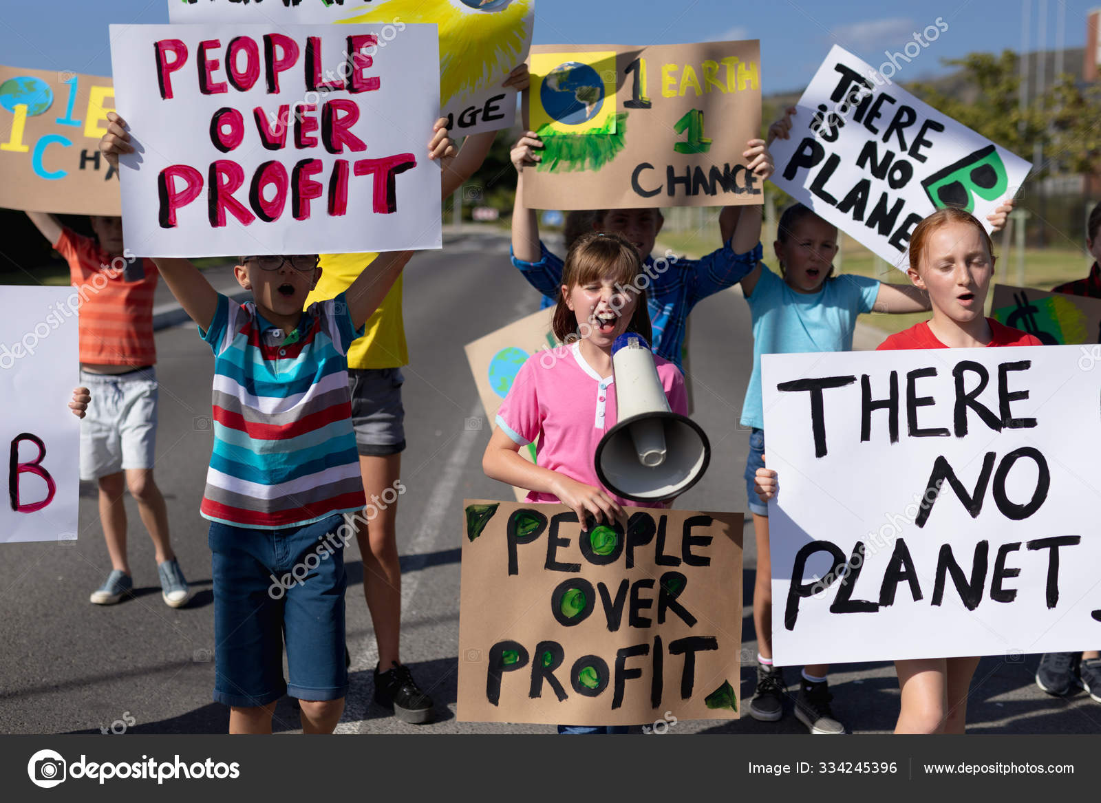 Front View Diverse Group Elementary School Pupils Protest March ...
