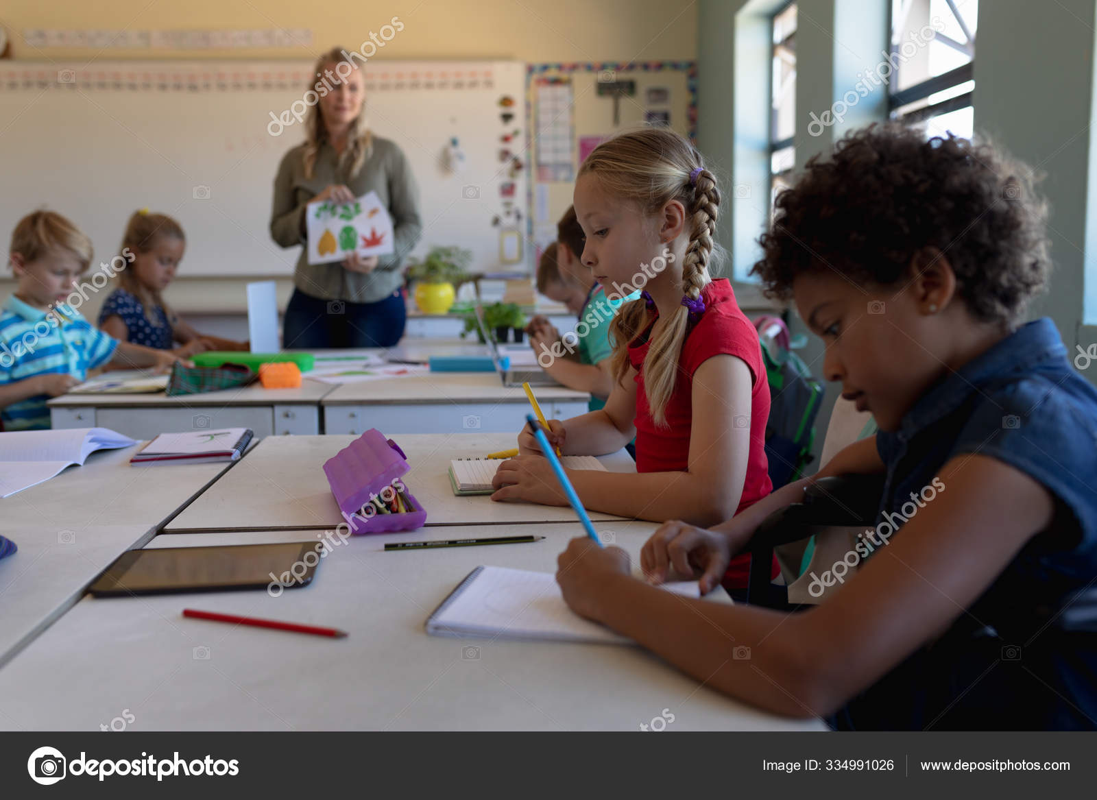 Side View Close African American Caucasian Schoolgirl Sitting Desks ...