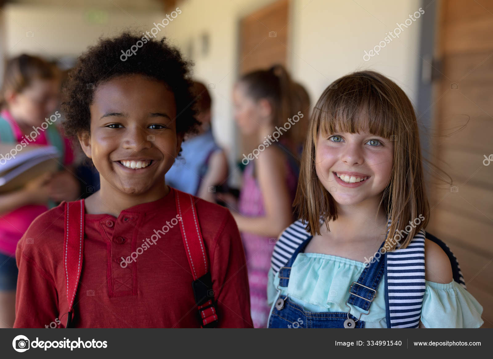 Front View Close African American Schoolboy Caucasian Schoolgirl ...