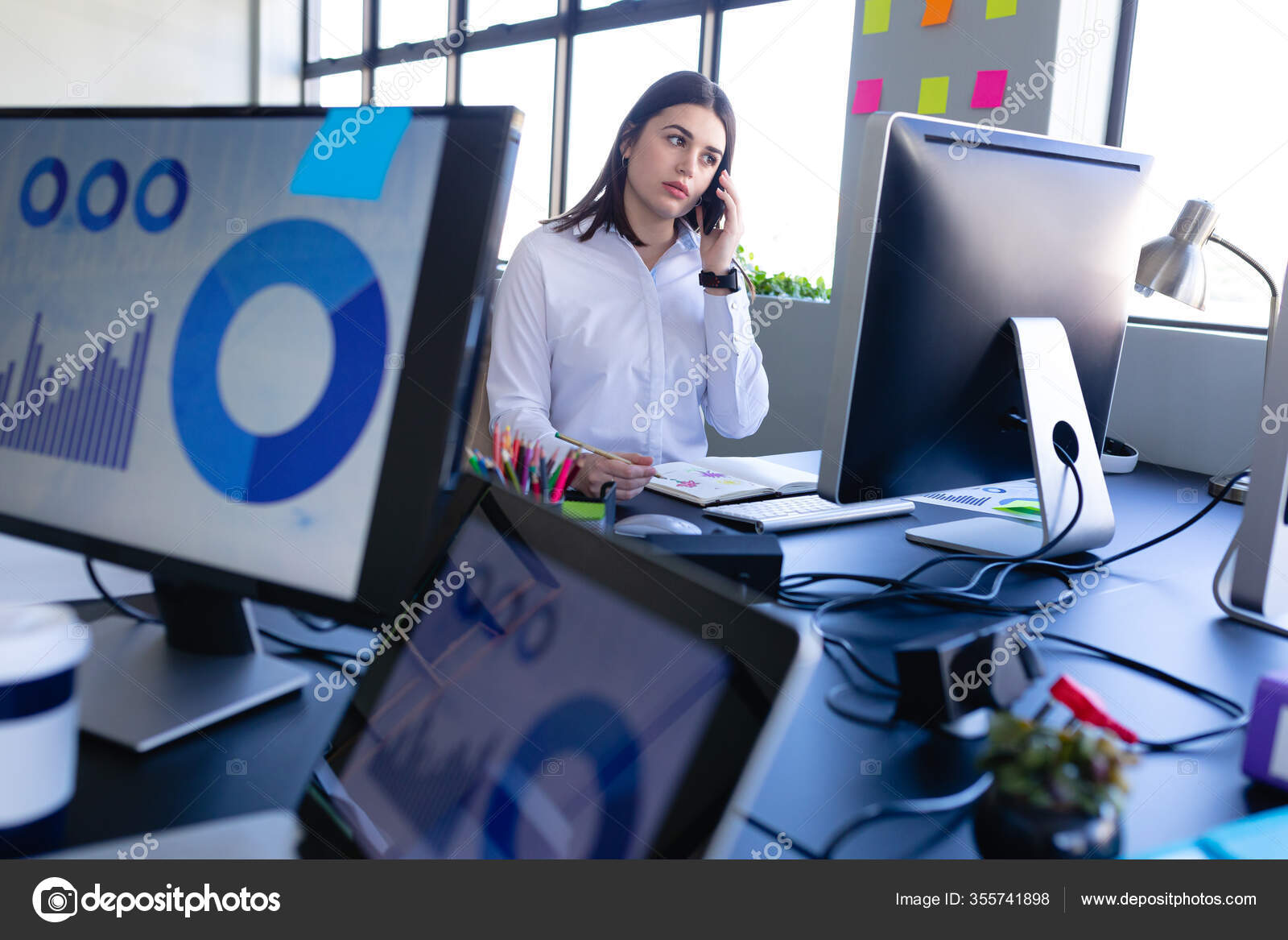 Front View Caucasian Woman Working Modern Office Sitting Desk Using ...