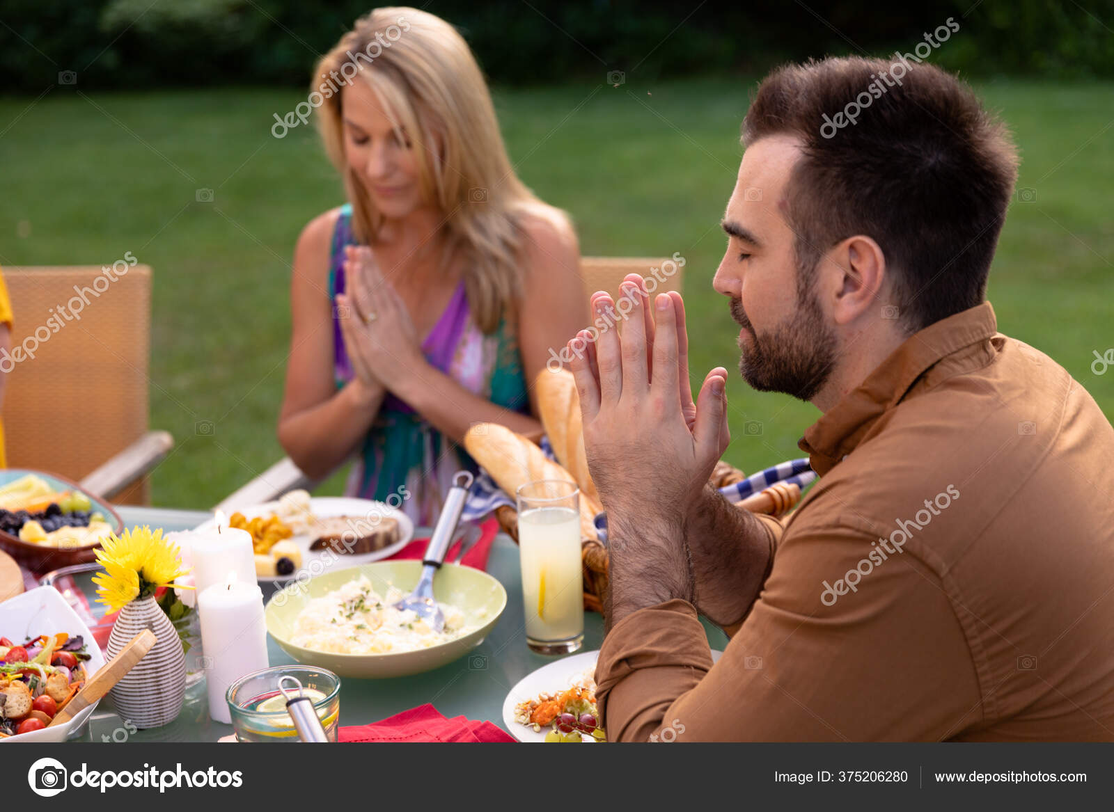Side View Caucasian Couple Sitting Dinner Table Set Family Meal Stock ...