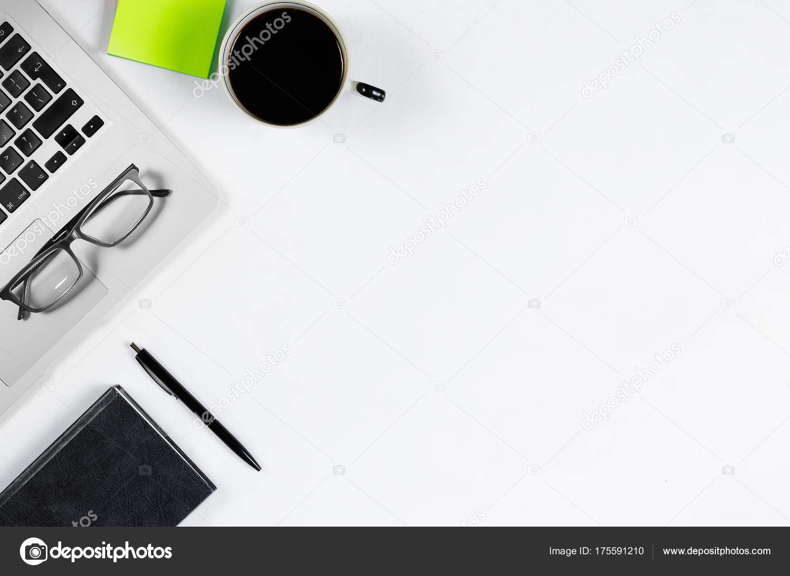 Working table top view, flat lay. Business items on a white table ...