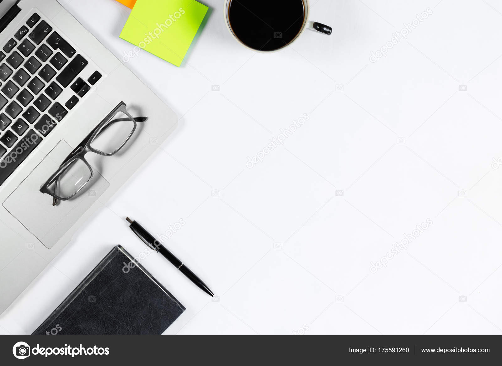 Working table top view, flat lay. Business items on a white table ...