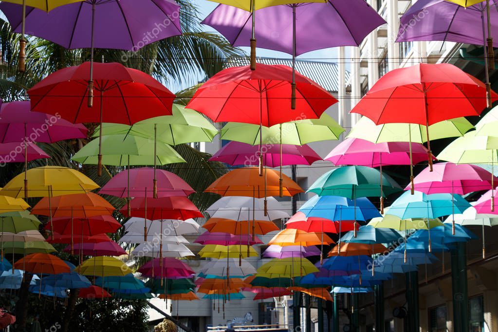Different Colored Umbrellas Decorating Top Street — Stock Photo ...