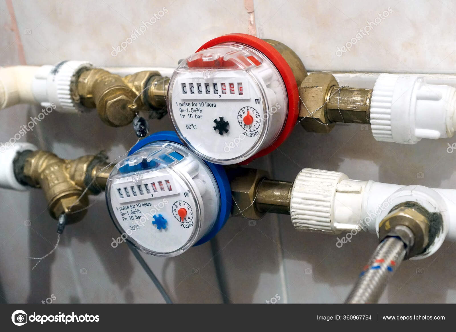 Two Water Meters Close Hot Cold Water Polypropylene Pipes Stock Photo ...