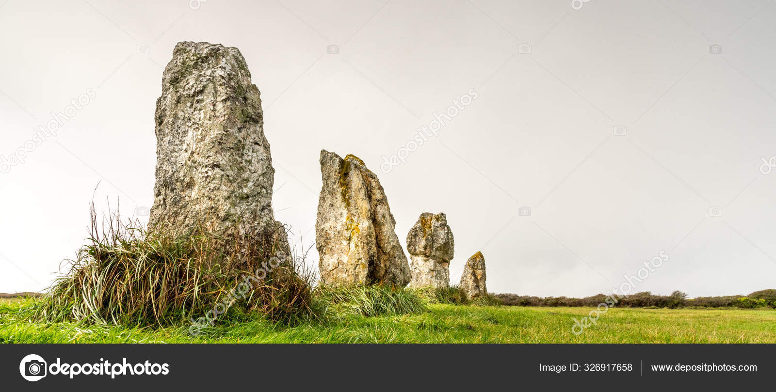 Standing Stones Brittany Alignment Menhirs Green Meadow Gray Sky Stock ...