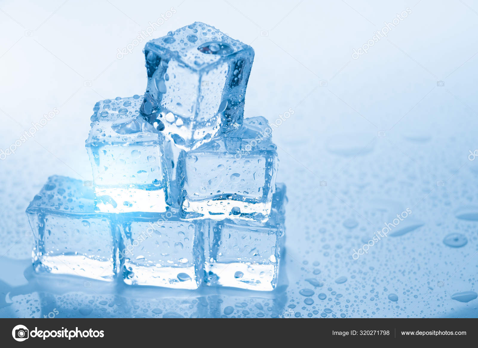 Ice cubes square with drops water clean on blue background — Stock ...