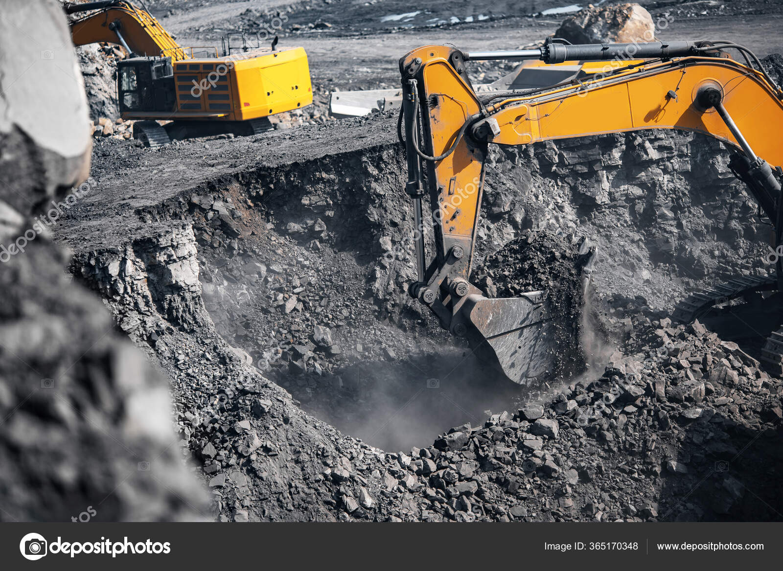 Excavator work loading of coal into Yellow mining truck. Open pit mine ...