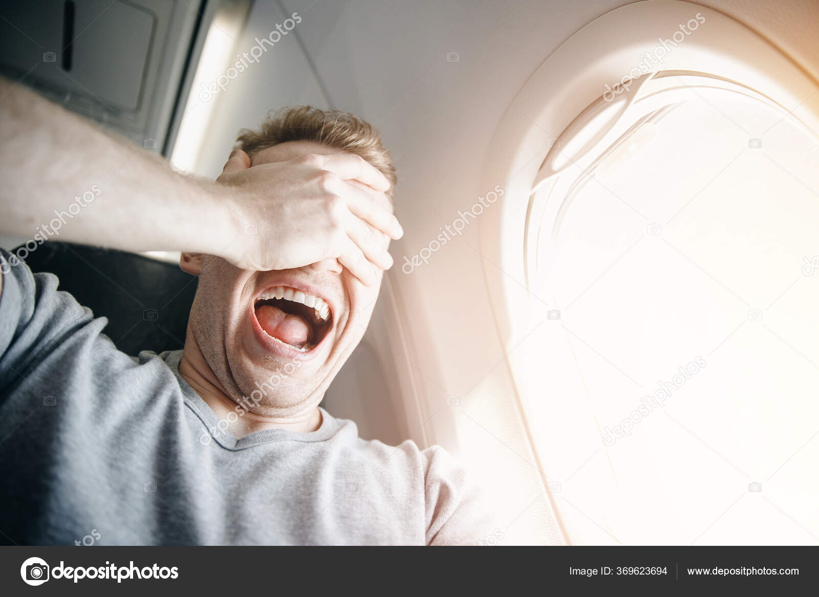 Concept aerophobia. Afraid of fear flying on an airplane and at height ...