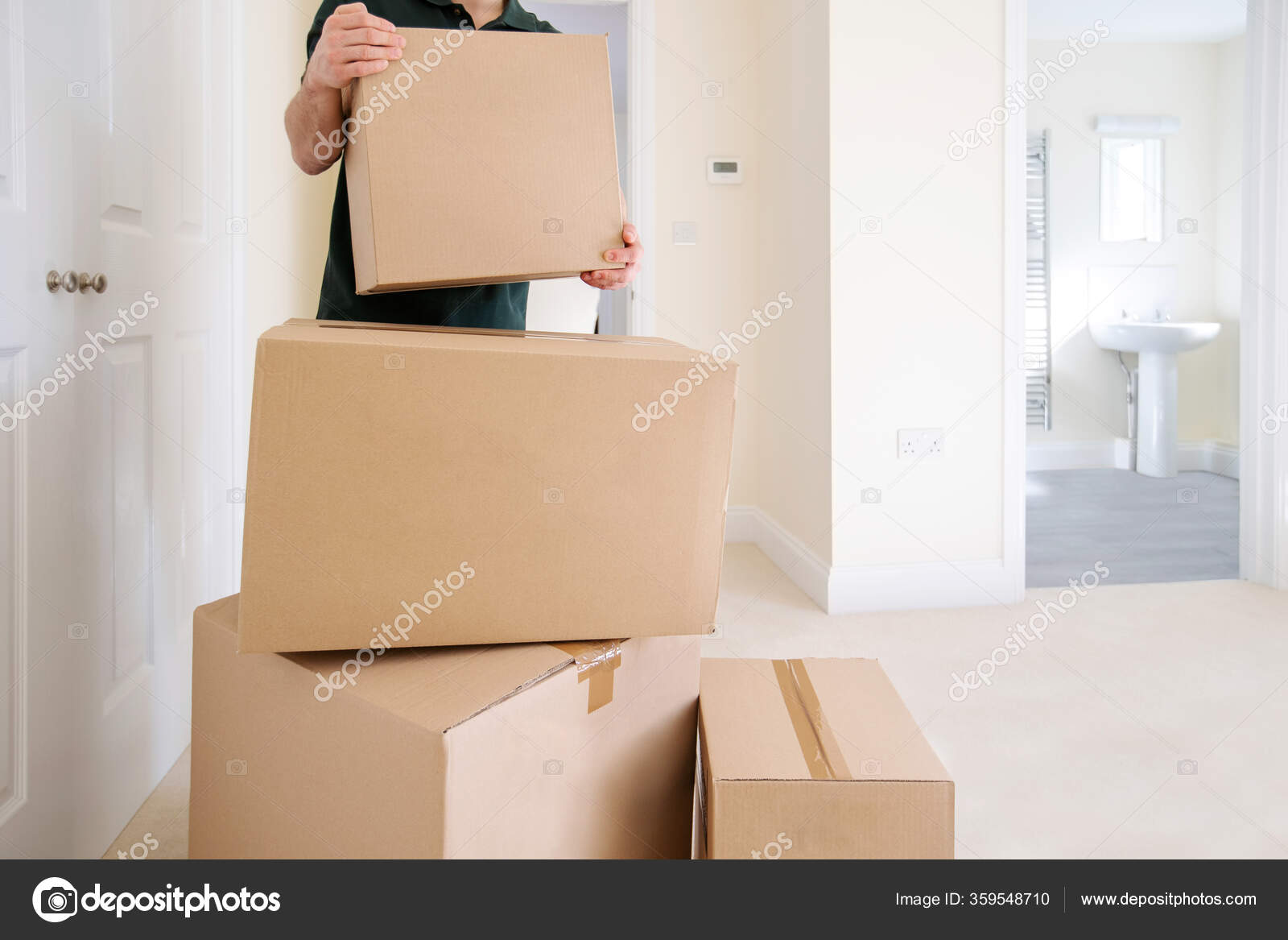 Close Removal Man Carrying Boxes New Home Moving Day Stock Photo by ...