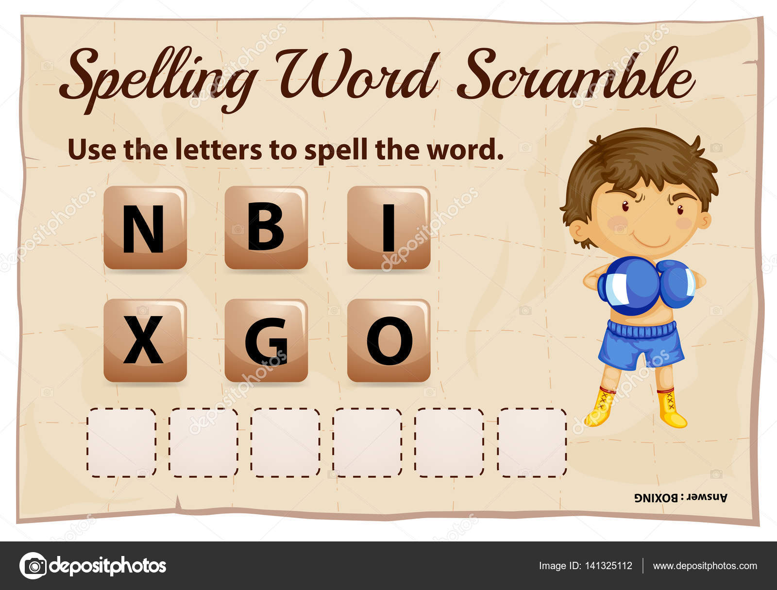 Spelling word scramble game template with word boxing Stock Vector ...