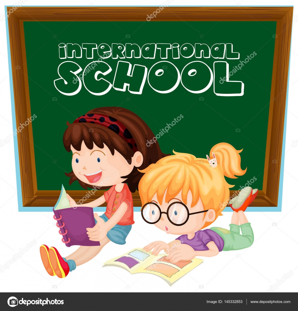 International school sign with two girls reading books Stock Vector ...