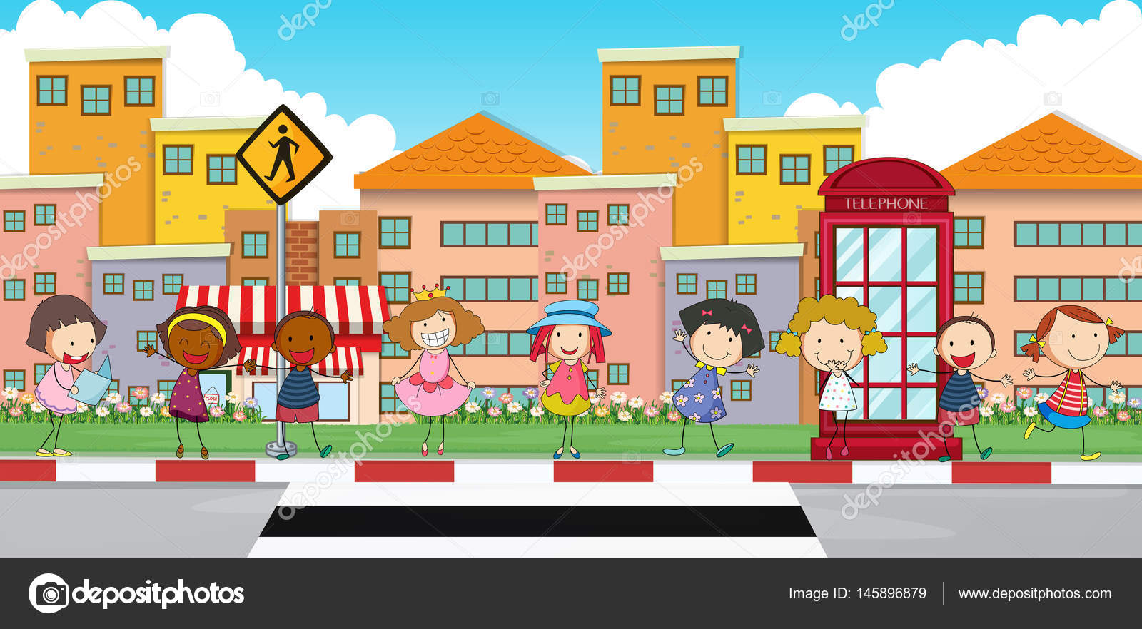 Happy children standing on sidewalk Stock Vector by ©interactimages ...