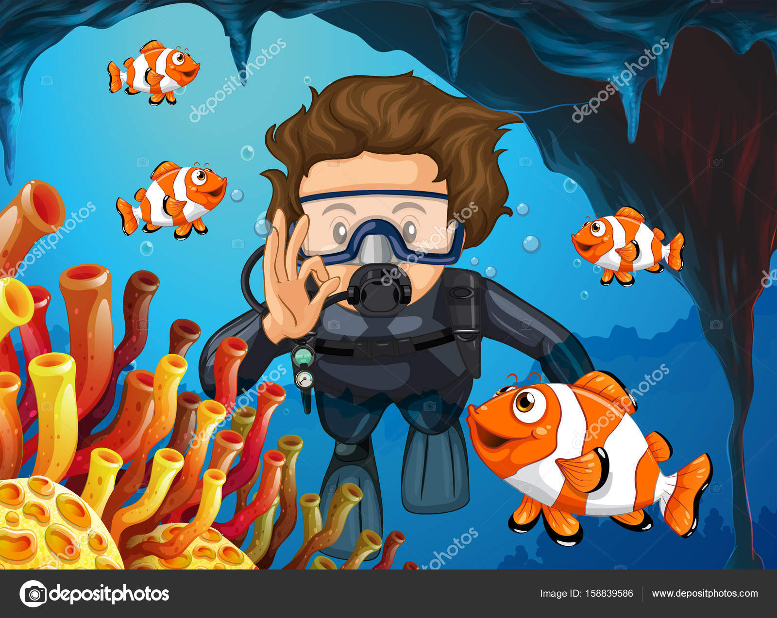 Buceador buceando bajo el agua con peces payaso Vector de stock ...