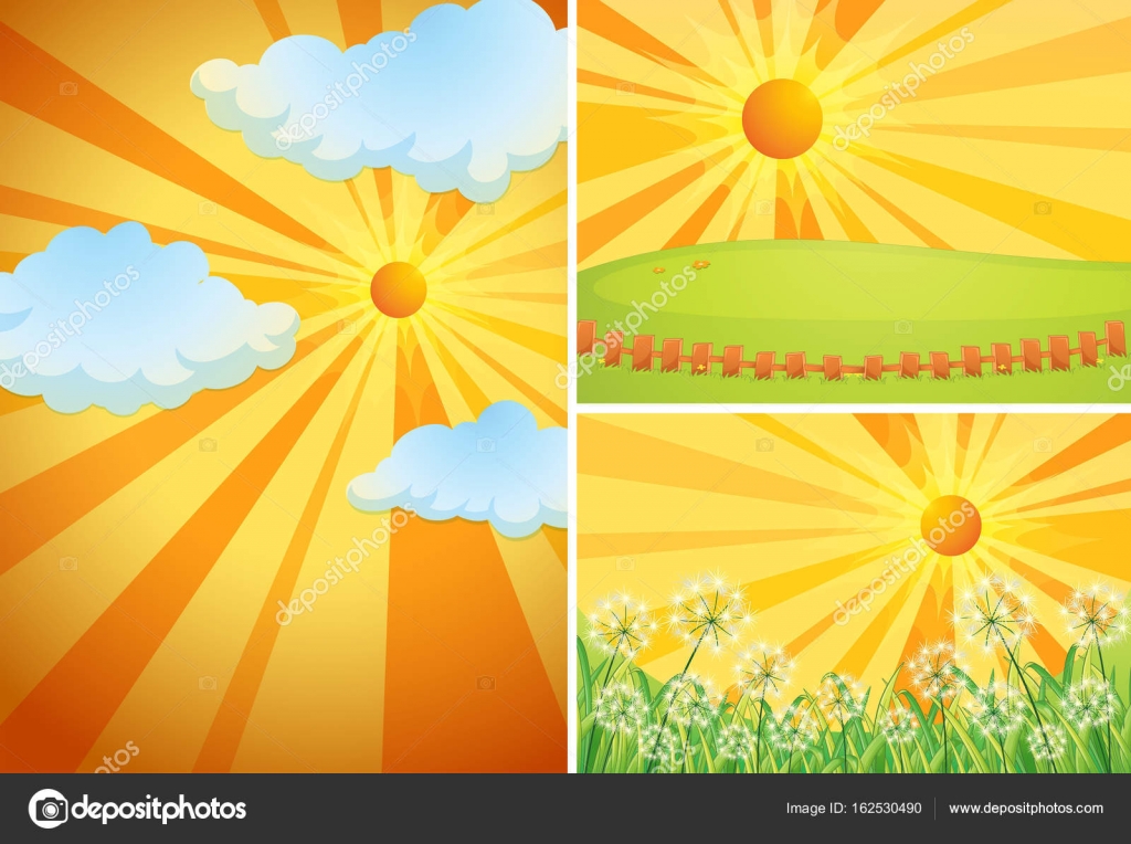 Tres escenas de fondo con sol brillante Vector de stock #162530490 de ...