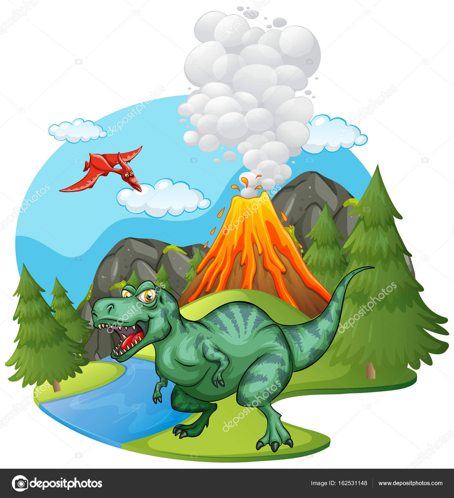 T-Rex rugiendo por el volcán Vector de stock #162531148 de ©interactimages