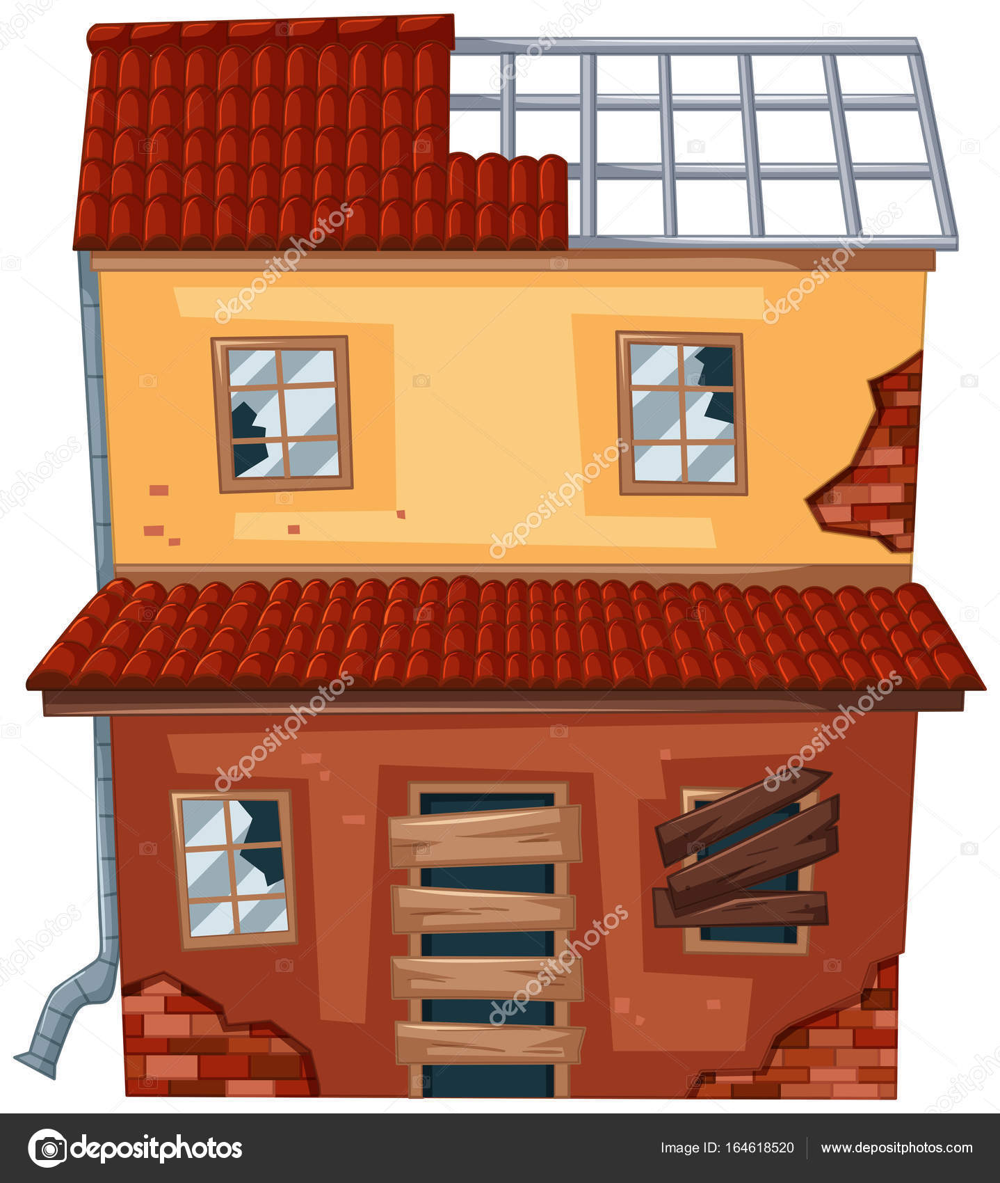 Casa de ladrillo con techo roto y ventanas Vector de stock por ...