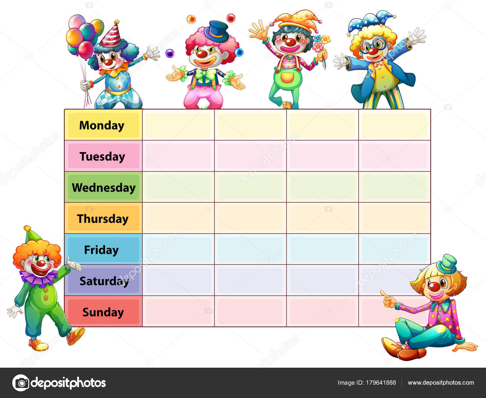 Table of seven days of the week with happy clowns Stock Vector by ...