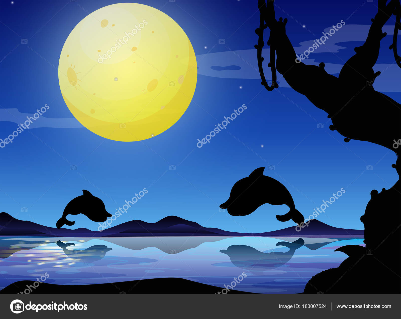 Silhouette background scene with dolphin at night Stock Illustration by ...