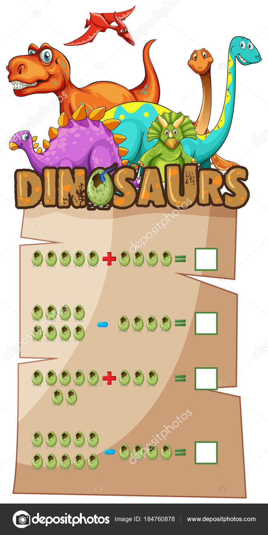 Hoja de trabajo de matemáticas con dinosaurios Vector de stock ...