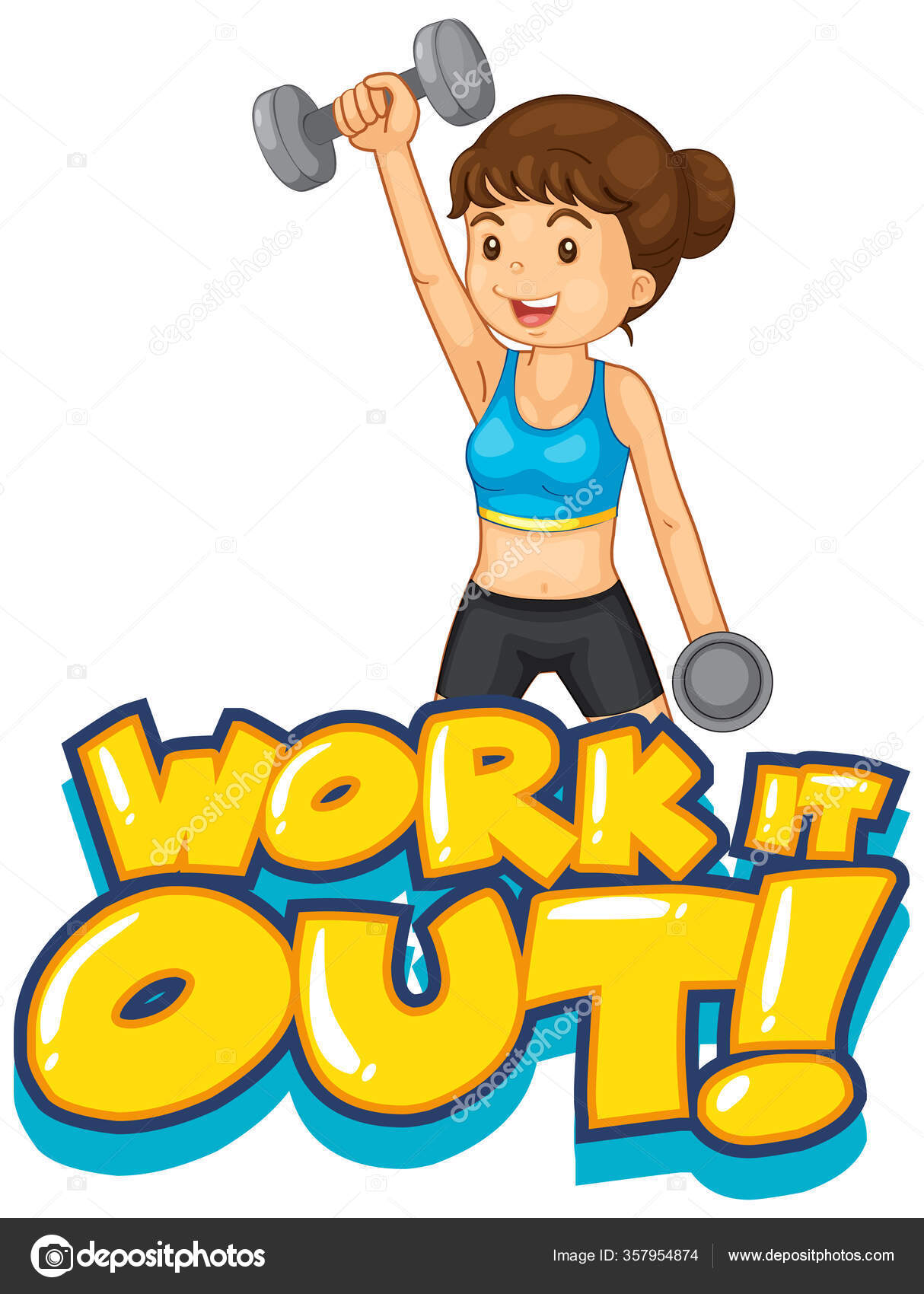 Font Design Word Work Out Girl Lifting Dumbbell Illustration — Stock ...