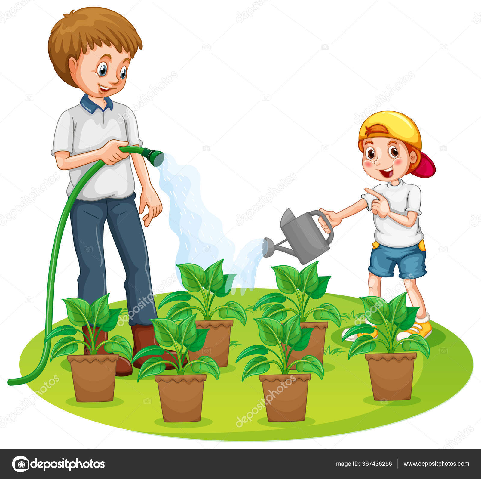 Boy Watering Plants Cartoon