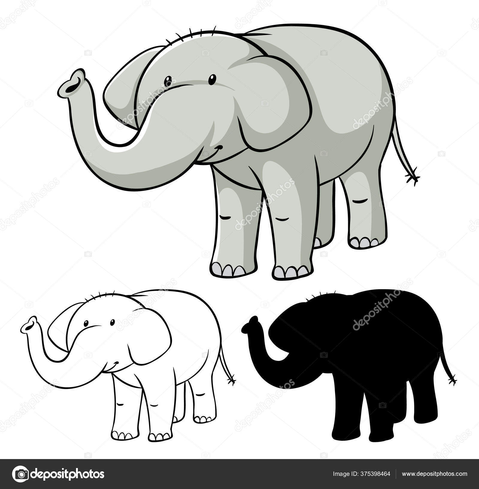 Bir Dizi Fil Karikatürü Çizimi ©interactimages 375398464'e ait Stok Vektör