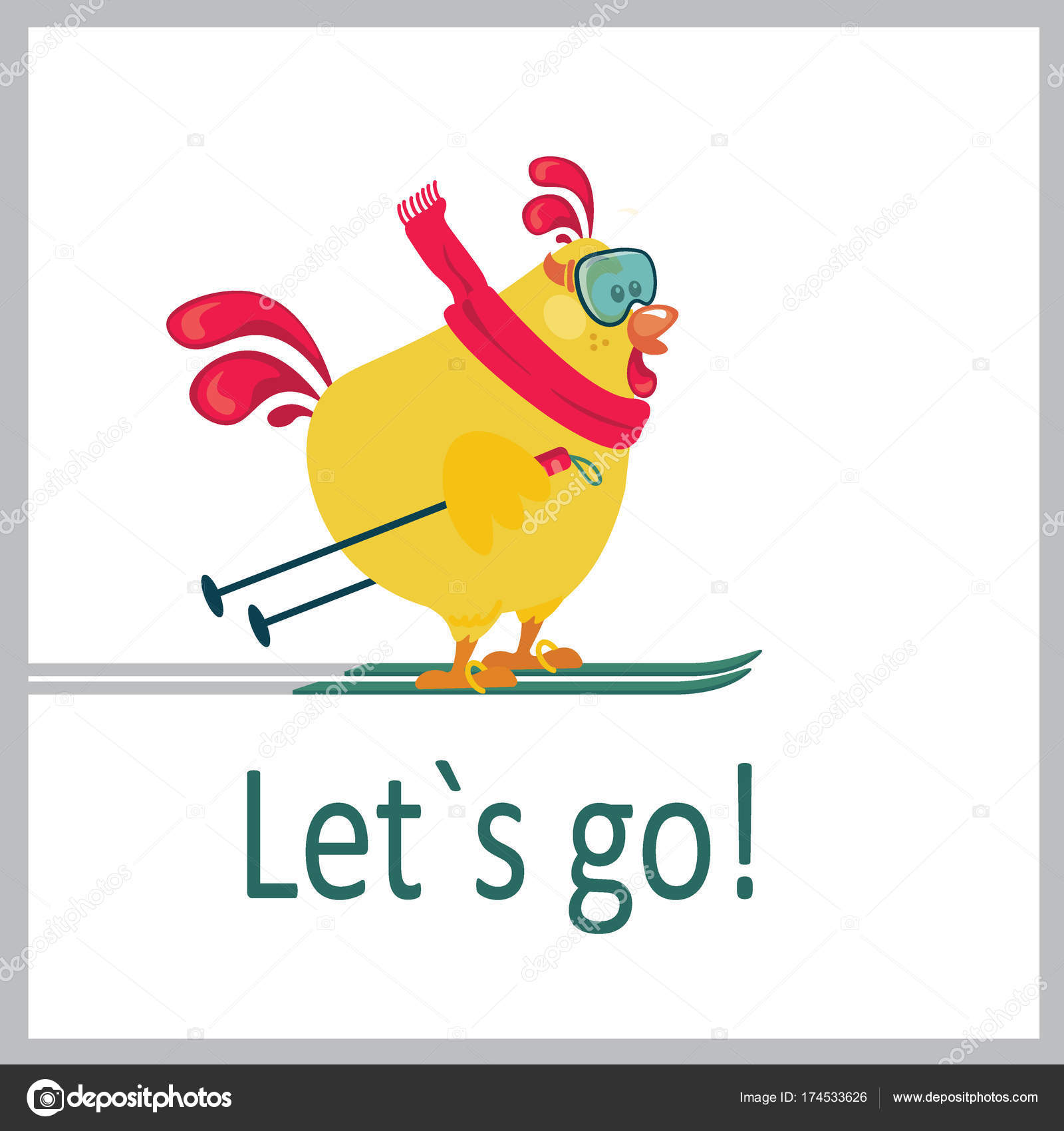 Yellow Rooster Symbol 2017 Rooster Skis Wearing Scarf Goes Walk Stock ...