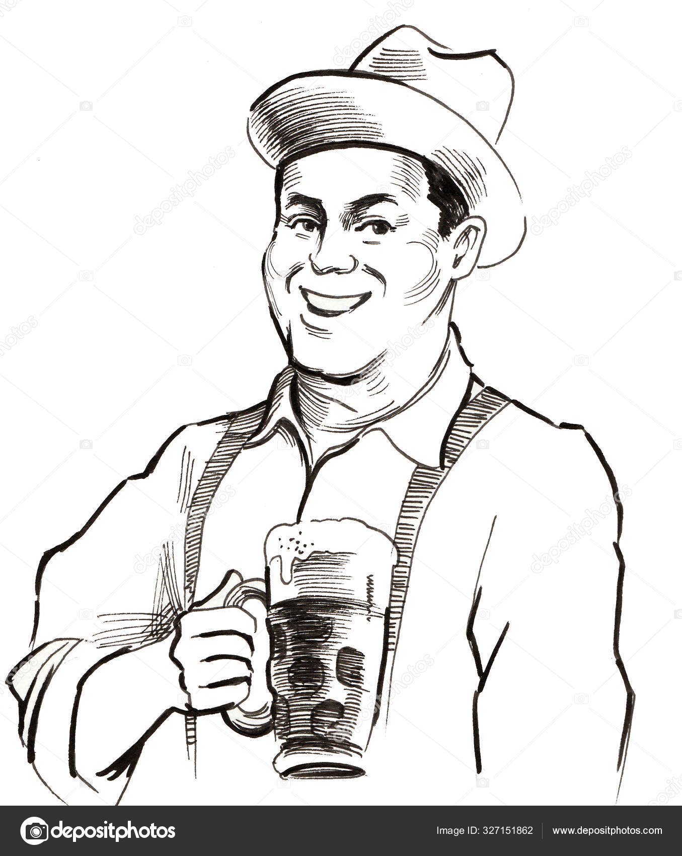 Happy Smiling German Man Drinking Beer Ink Black White Drawing Stock ...